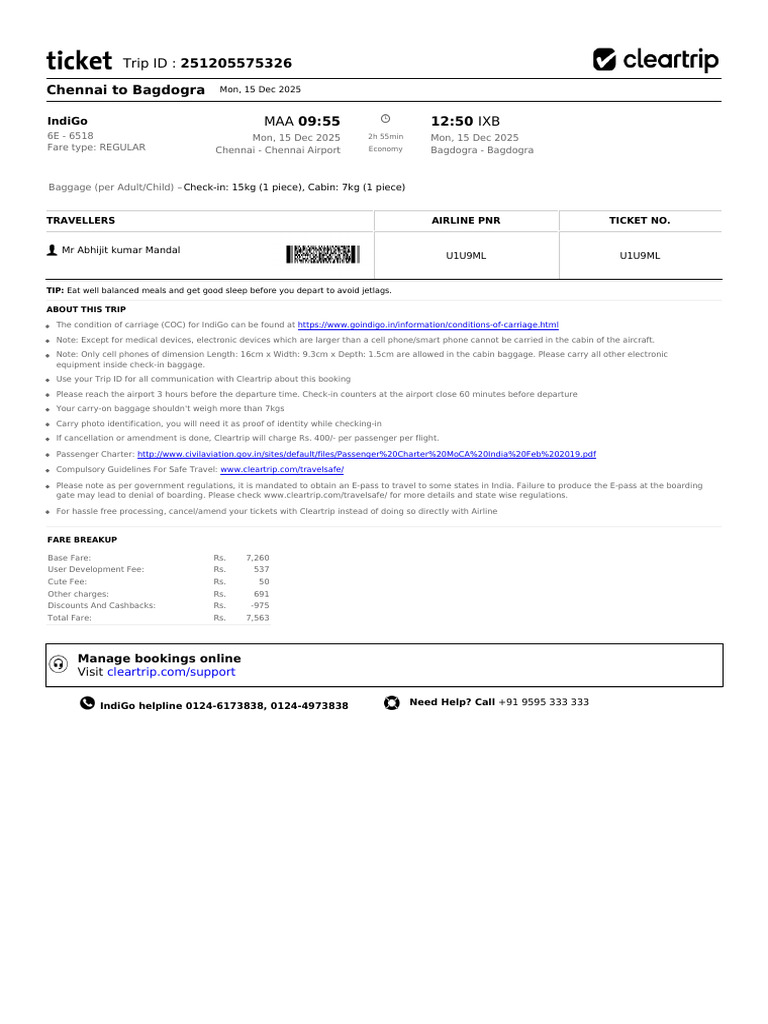 Cleartrip Flight Domestic E-Ticket | PDF | Transport | Aviation