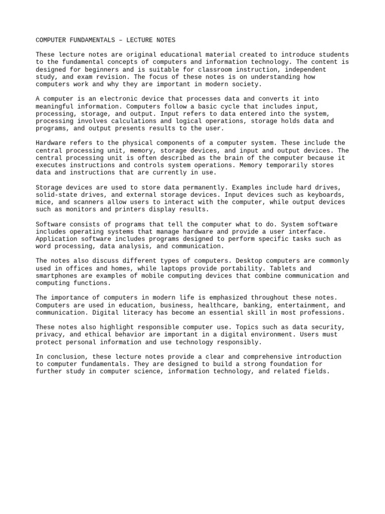 Computer Fundamentals Lecture Notes | PDF | Programming | Computer Program