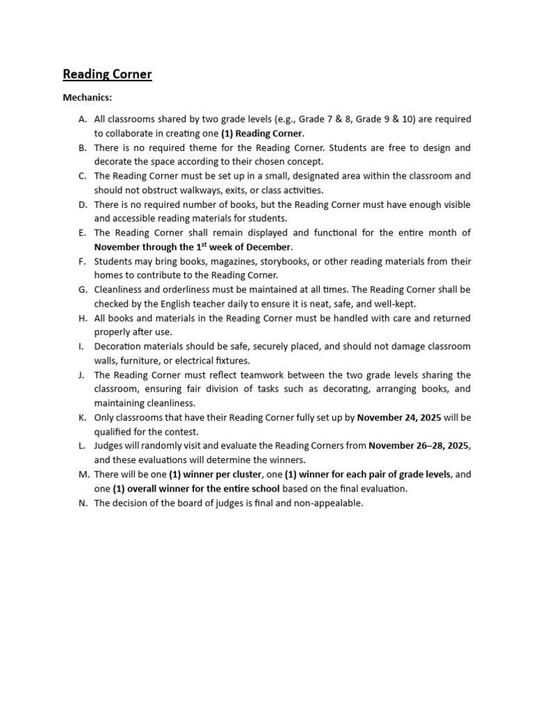 Reading Corner Guidelines | PDF | Classroom