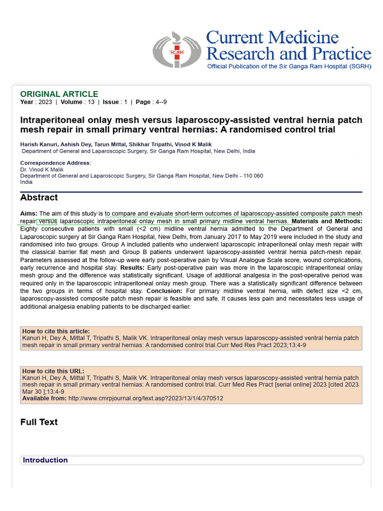 Intraperitoneal Onlay Mesh Versus Laparoscopy-Ass | PDF | Medical ...