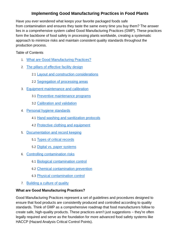 Good Manufacturing Practices in Food Plants | PDF | Hand Washing | Food ...