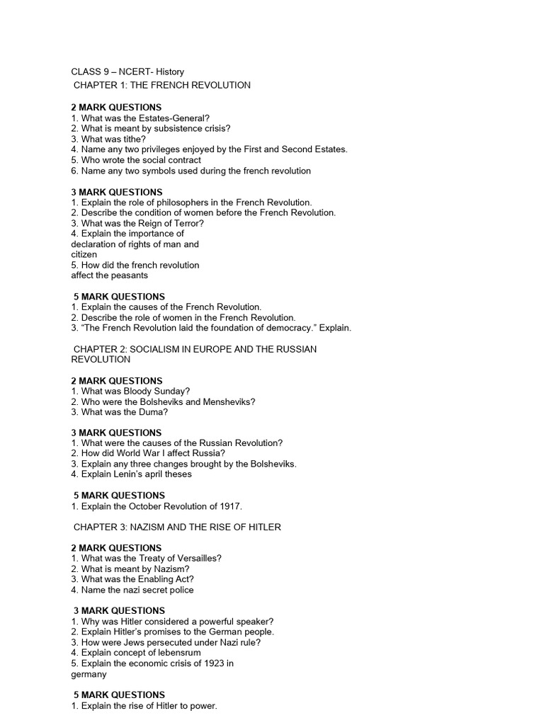 Class 9 History Important Questions | PDF