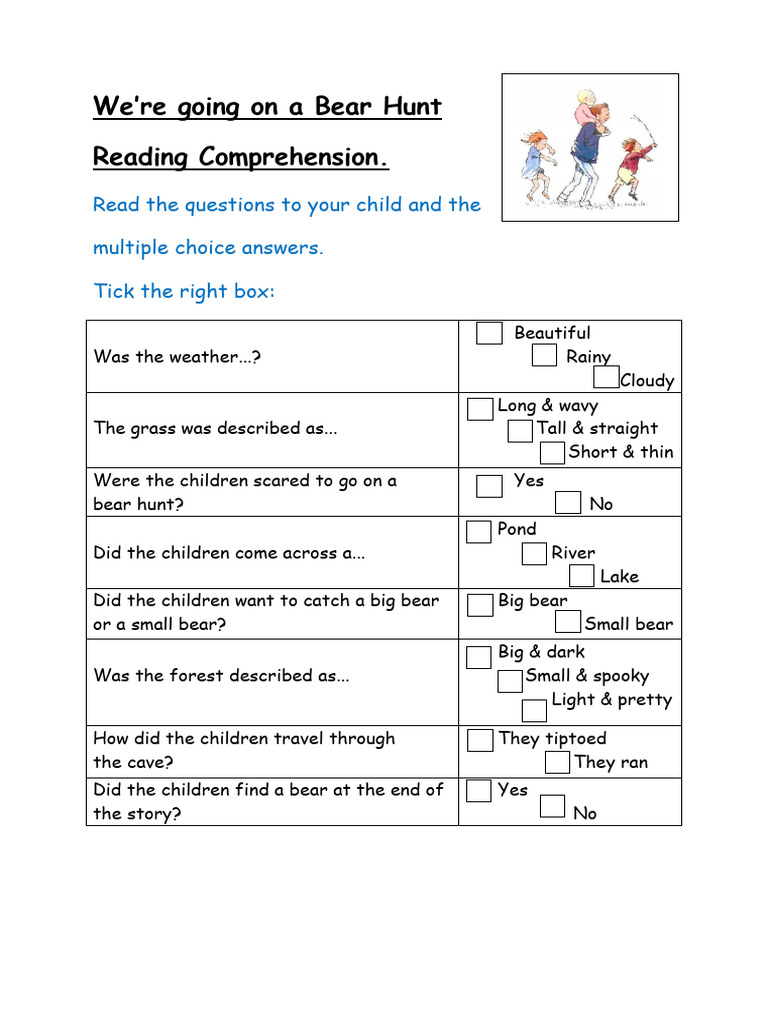 Bear Hunt Reading Comprehension Quiz | PDF