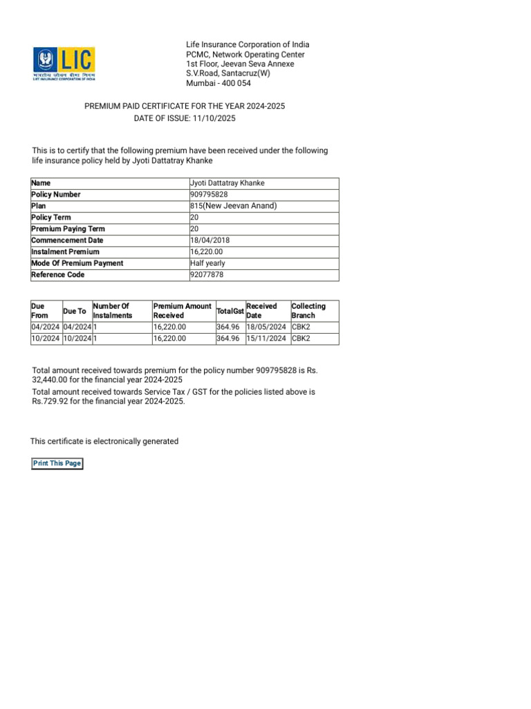 Life Insurance Premium Certificate 2024-2025 | PDF