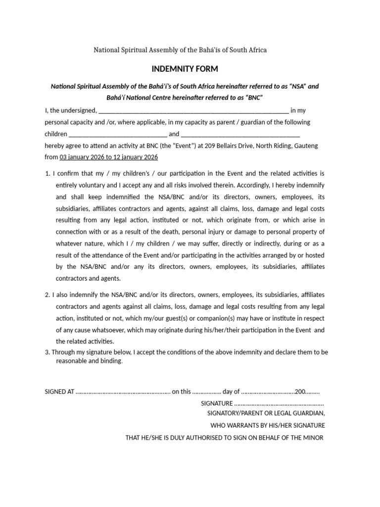 Bahá'í Event Indemnity Form South Africa | PDF | Indemnity | Bahá'í Faith