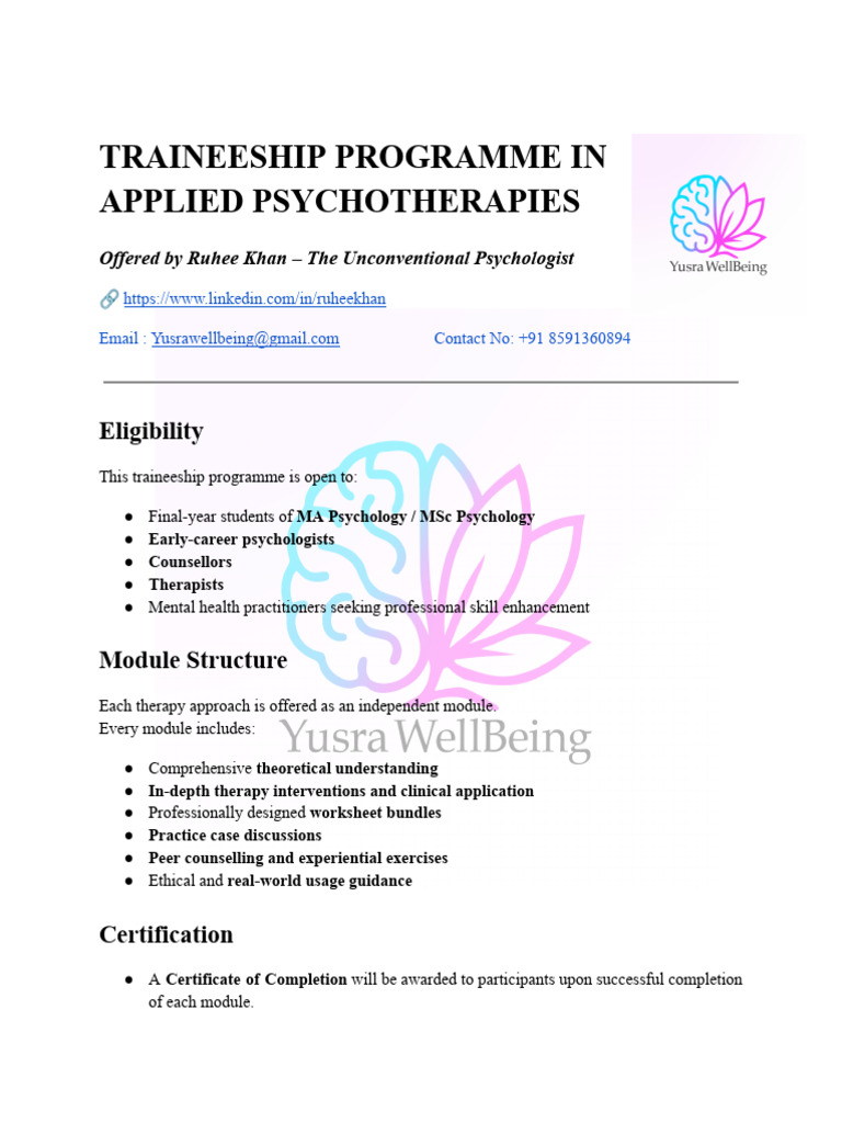 Traineeship in Applied Psychotherapies | PDF