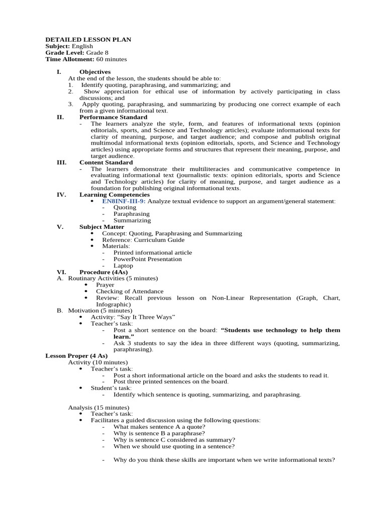 Quoting, Paraphrasing, Summarizing Lesson | PDF | Cognition | Human ...