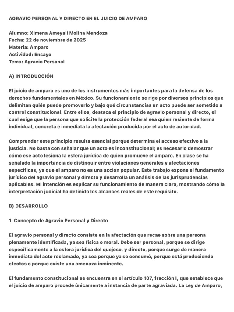 Agravio Personal y Directo en El Juicio de Amparo | PDF | Ley procesal ...