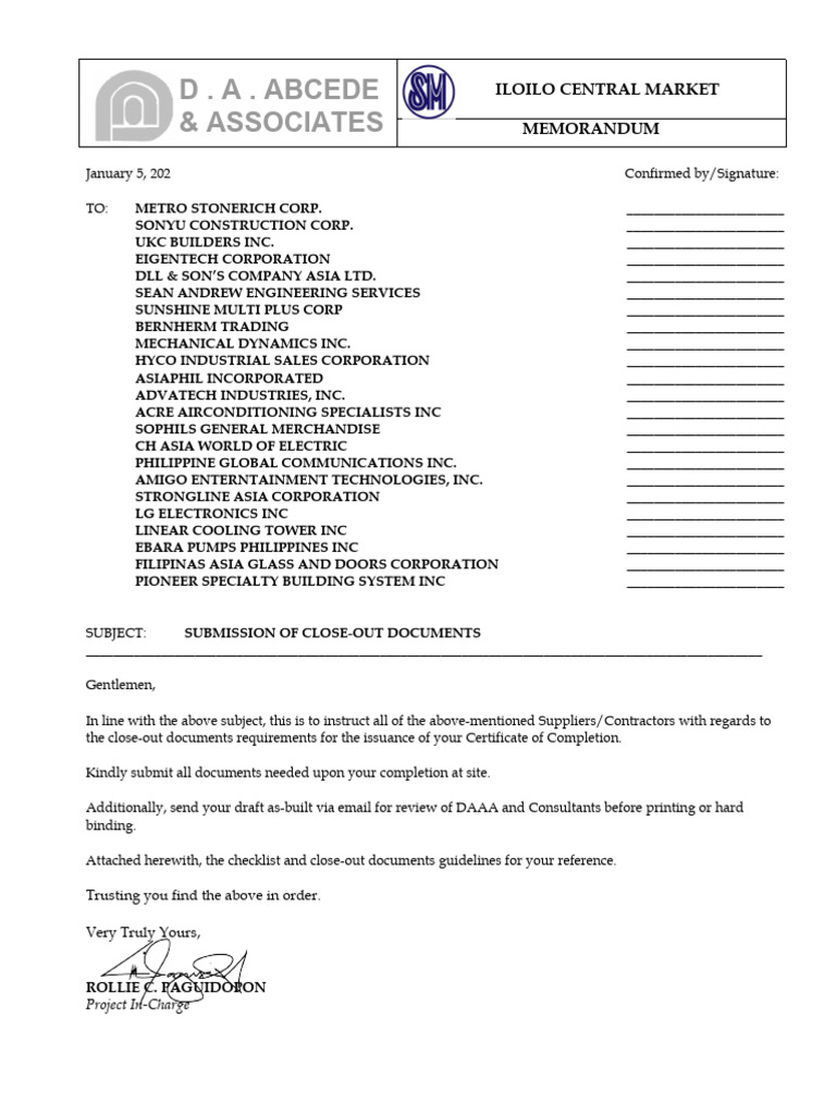 Memorandum - Submission of Close-out Documents_CENTRAL | PDF