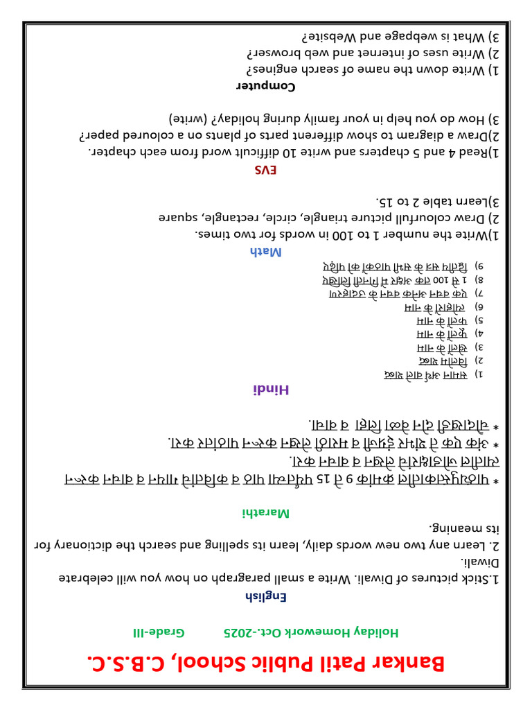Grade III Holiday Homework | PDF