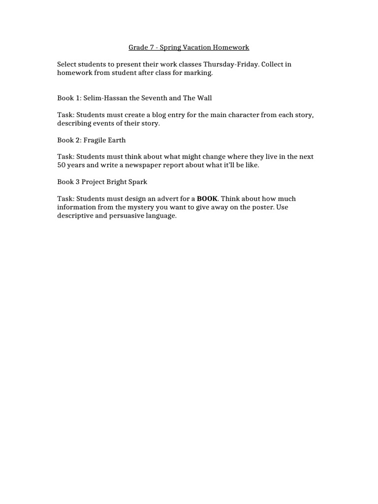Grade 7 Spring Vacation Homework Tasks | PDF