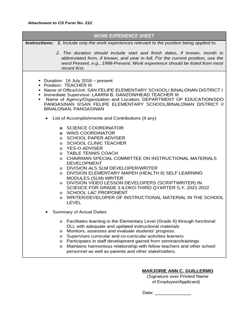 Work Experience Sheet for Teacher III | PDF | Teachers | Intelligence