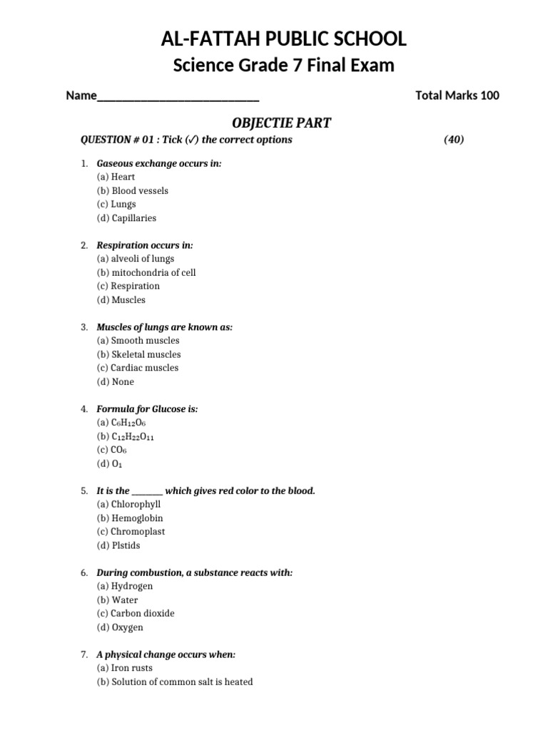 Grade 7 Final Term Exam Science | PDF | Muscle | Water