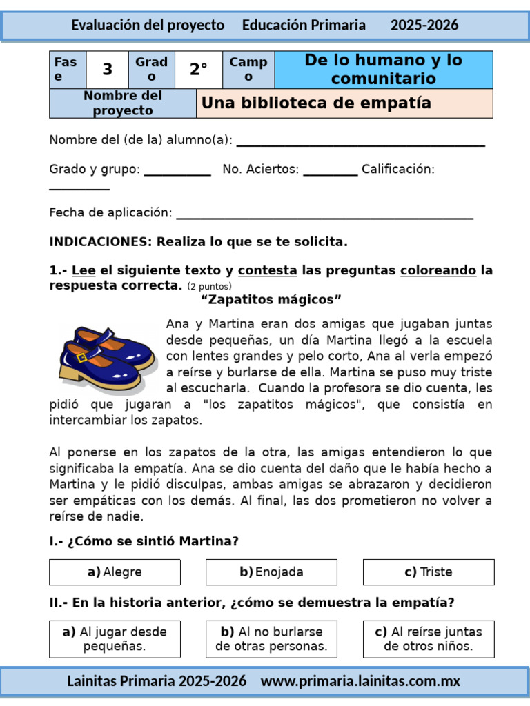 2do Grado Enero - Examen 02 Una biblioteca de empatía (2025-2026) | PDF | Sicología | Las emociones