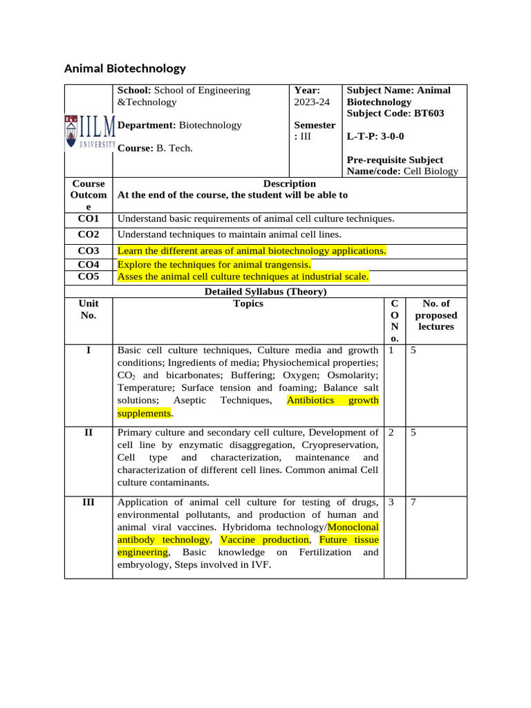 Animal Biotechnology Course Overview | PDF | Cell Culture | Biotechnology