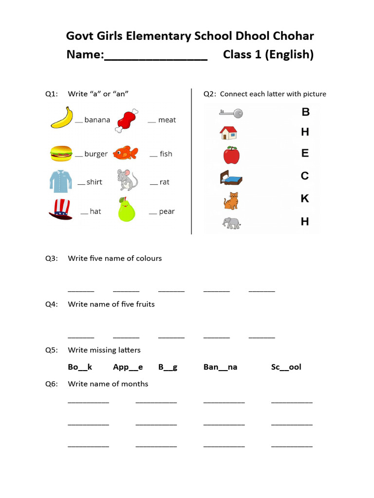 Class 1 Worksheets for English and Math | PDF