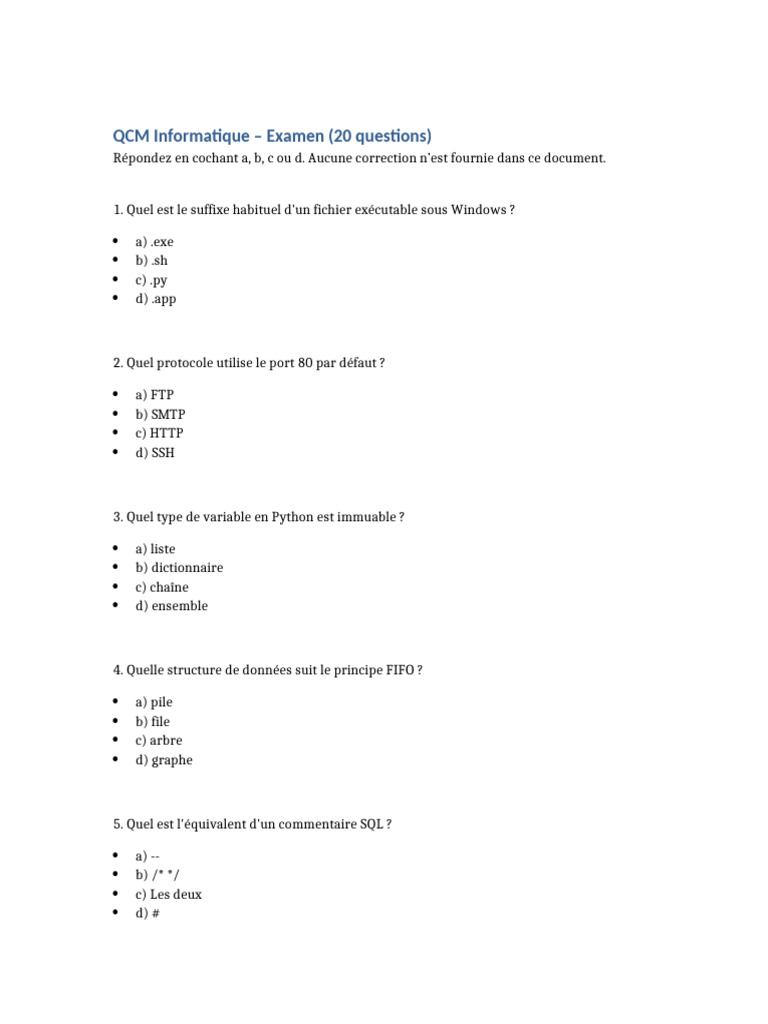 QCM Informatique : 20 Questions Clés | PDF
