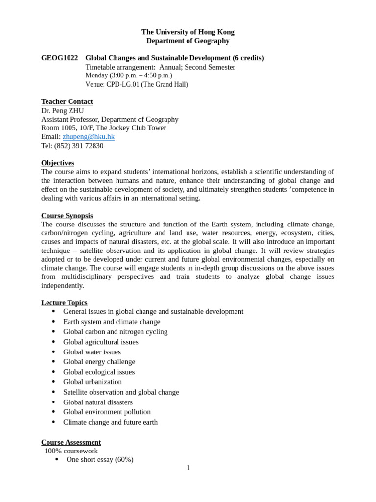GEOG1022 Course Outline 2526 Updated | PDF | Global Change | Sustainability