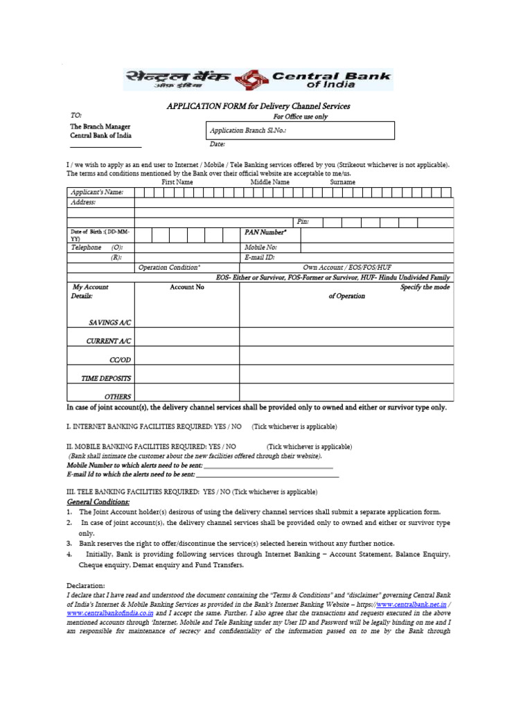 Delivery Channel Services Application Form | PDF | Online Banking ...