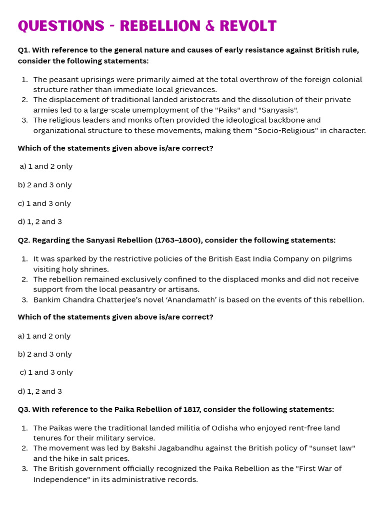 1. Rebellion & Revolt QUESTIONS | PDF | Indian Rebellion Of 1857 ...