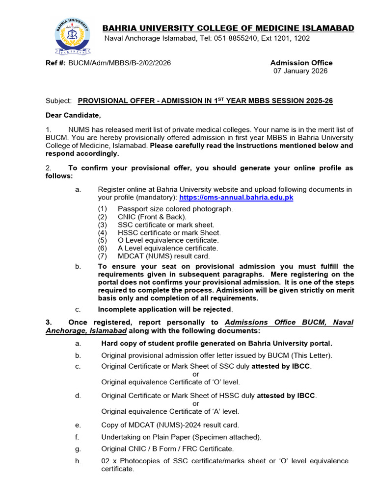Provisional Offer Letter MBBS 2024-25 (BUCM) Islamabad | PDF