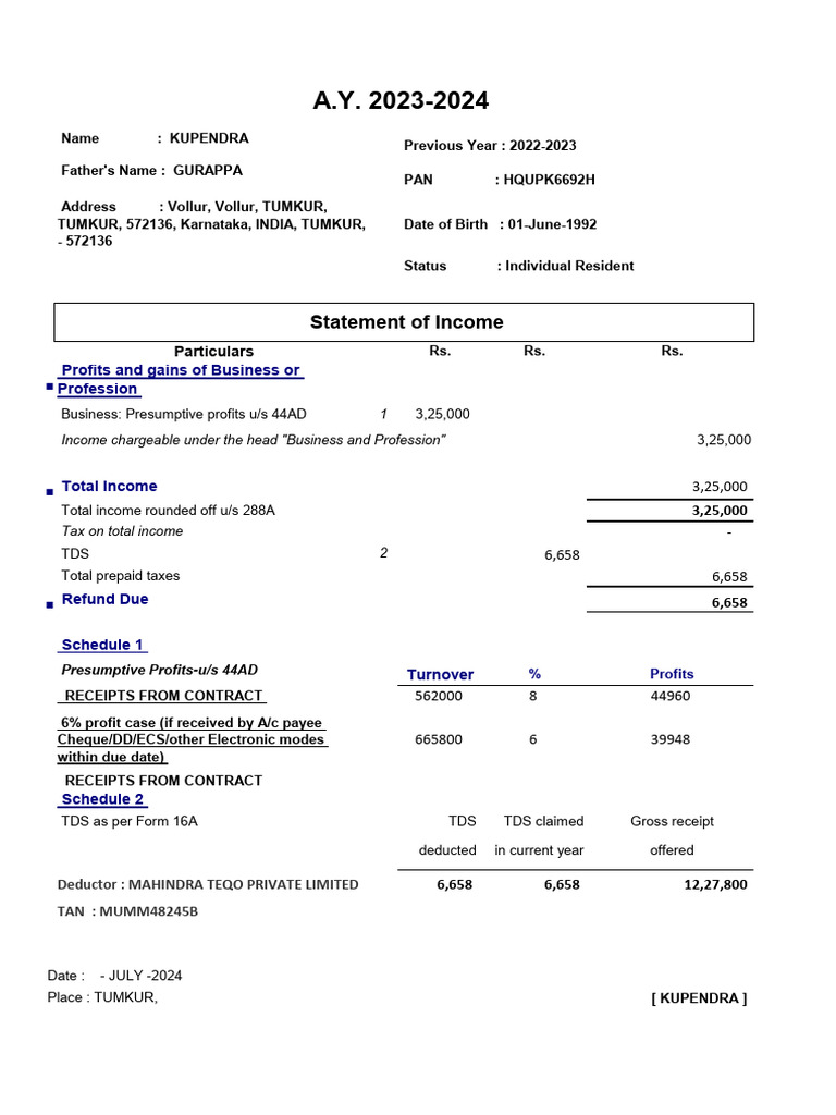 Income Statement 2023-24 | PDF | Money | Income