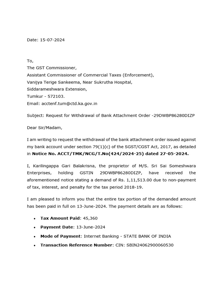 Bank Attachment Withdrawals Request Letter Updated | PDF