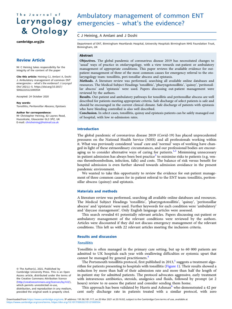 Ambulatory Management of Common ENT Emergencies - | PDF | Clinical ...