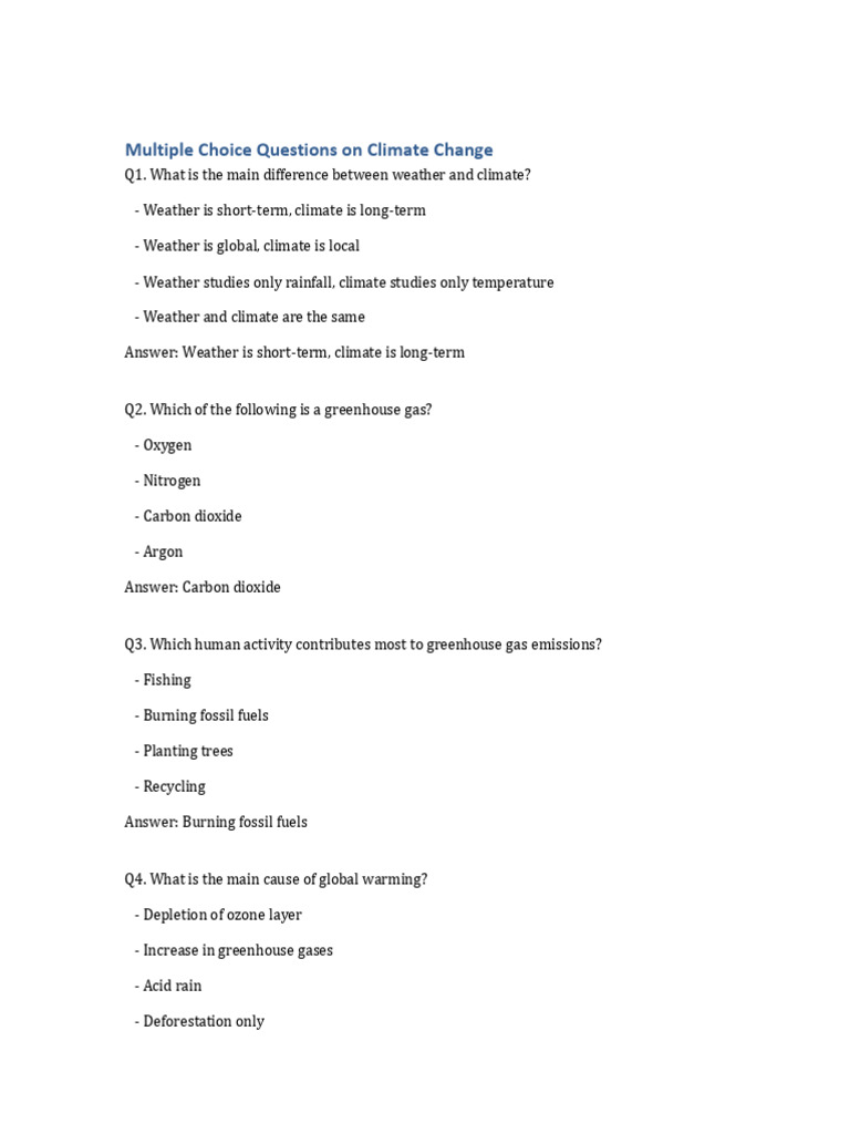 Climate Change Quiz Questions and Answers | PDF | Climate Change ...