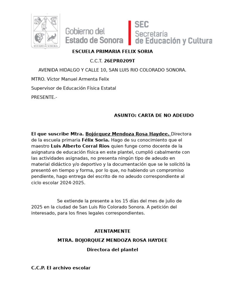 Carta de No Adeudo Escolar 2024-2025 | PDF