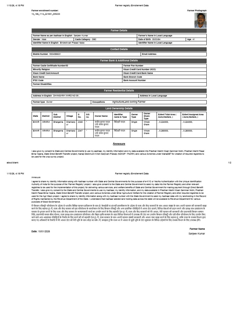 Sanjeev Farmer Farmer Registry Enrollement Data | PDF