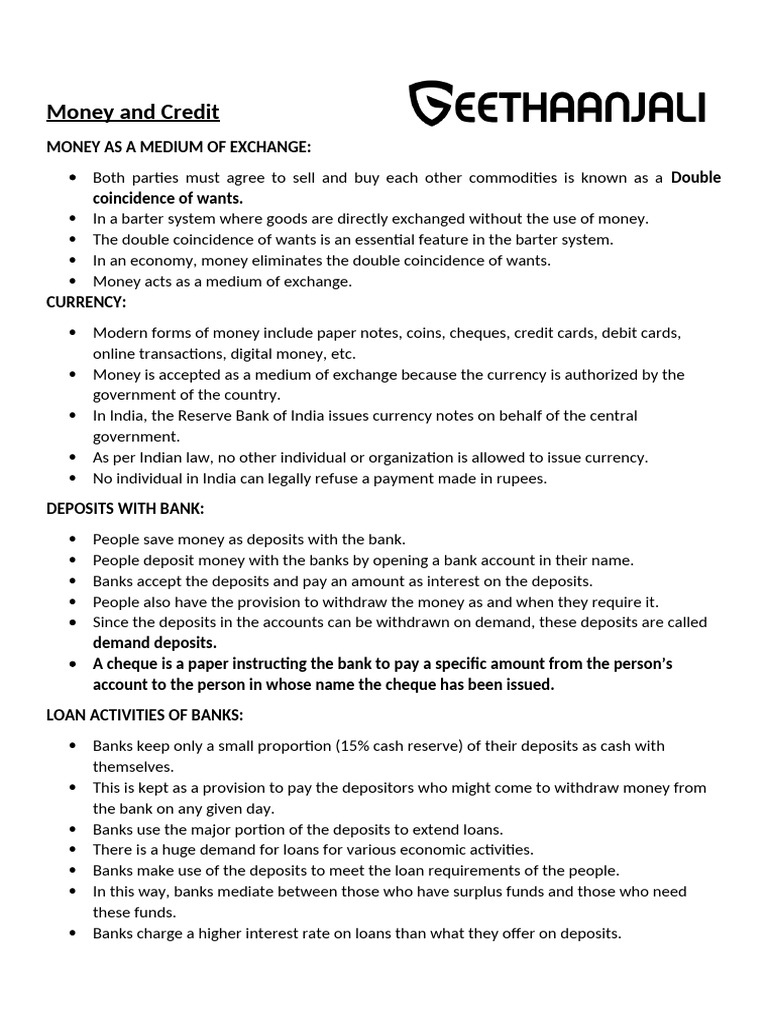 Money and Credit Study Material (1) | PDF | Money | Loans