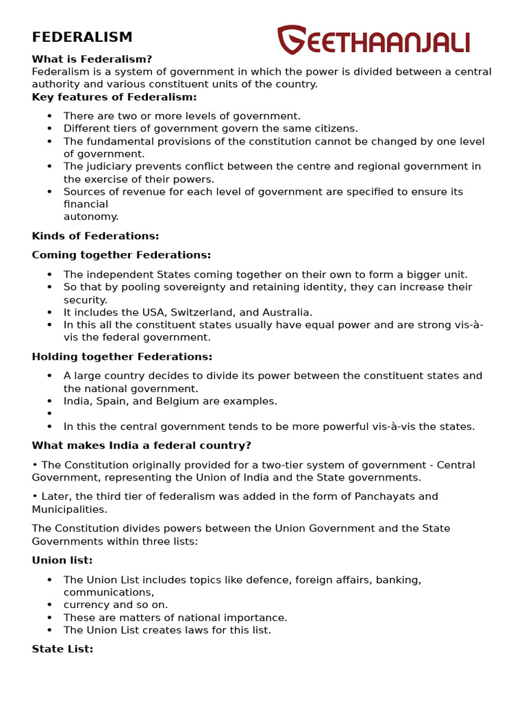 Federalism Study Material | PDF | Government | Governance