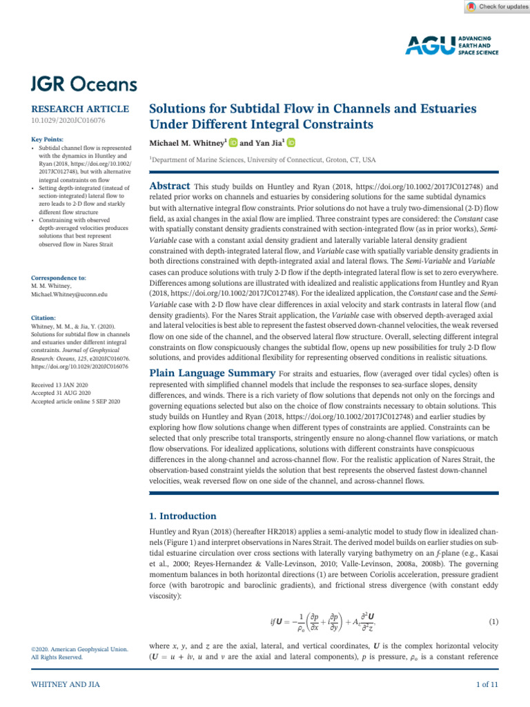 JGR Oceans - 2020 - Whitney - Solutions for Subtidal Flow in Channels ...