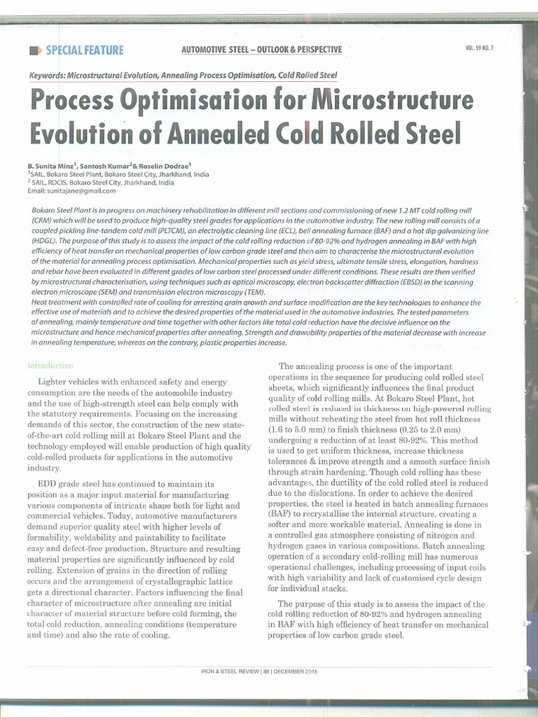 2015-Microstructure Evoluation of Annealed Cold Rolled Steel | PDF