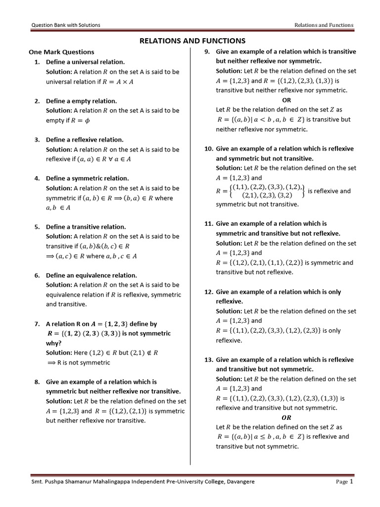 Relations and Functions Question Bank | PDF | Function (Mathematics ...