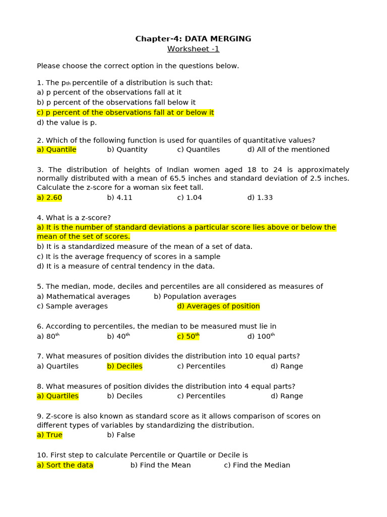 Data Merging: Percentiles & Z-Scores Quiz | PDF