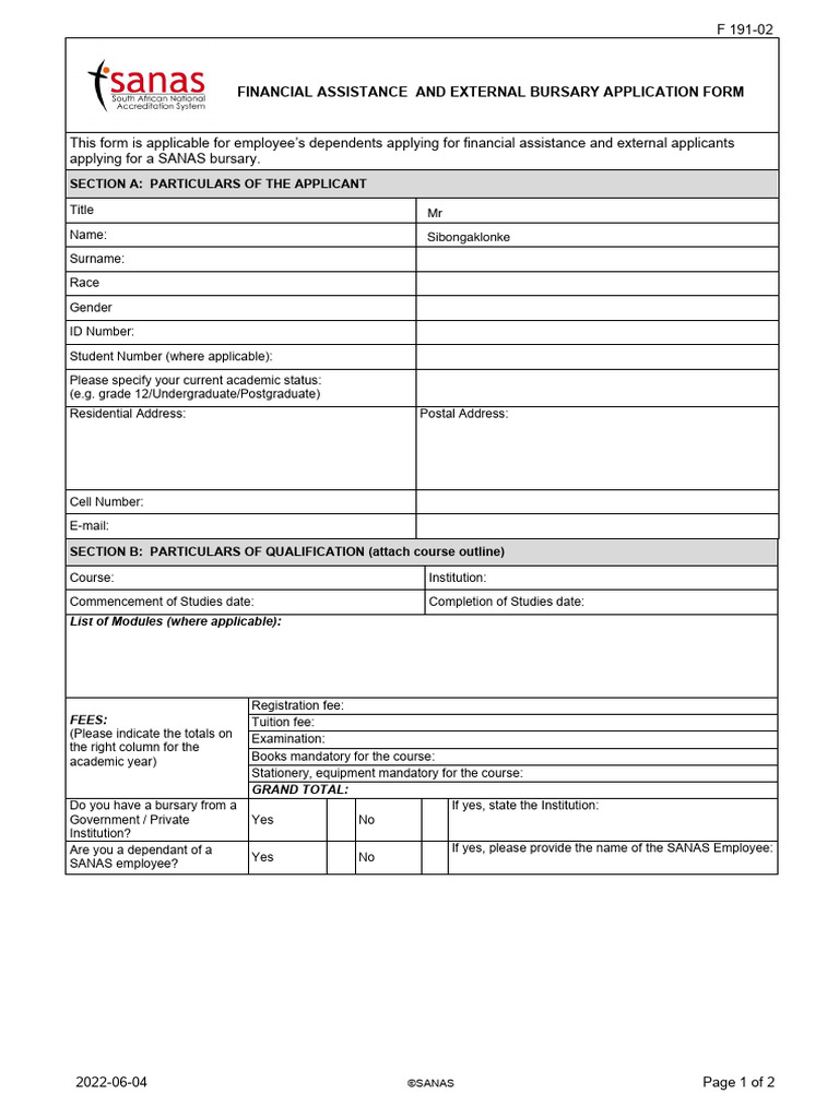 SANAS Bursary Application Form | PDF | Educational Stages