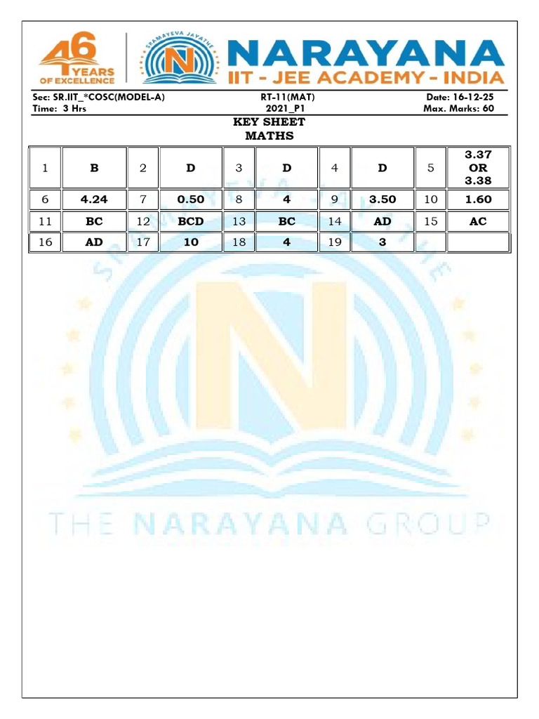 23-12-25 Sr.iit Star Co-sc(Model-A) Review Test-11 Maths Key & Sol | PDF