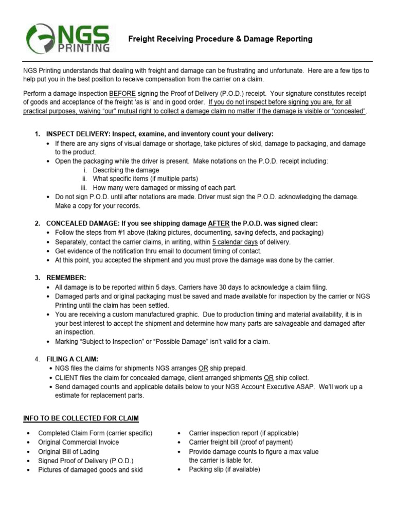 Freight Damage Reporting & Claims Guide | PDF | Cargo | Receipt