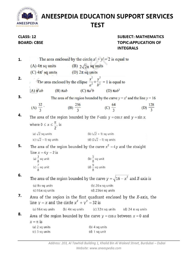 12 Cbse Application of Integrals Mcq | PDF