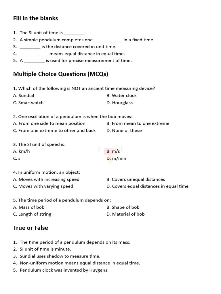 Class 7 Sci Measurement of Motion and Time Ws 1 Jan 26 | PDF | Pendulum ...