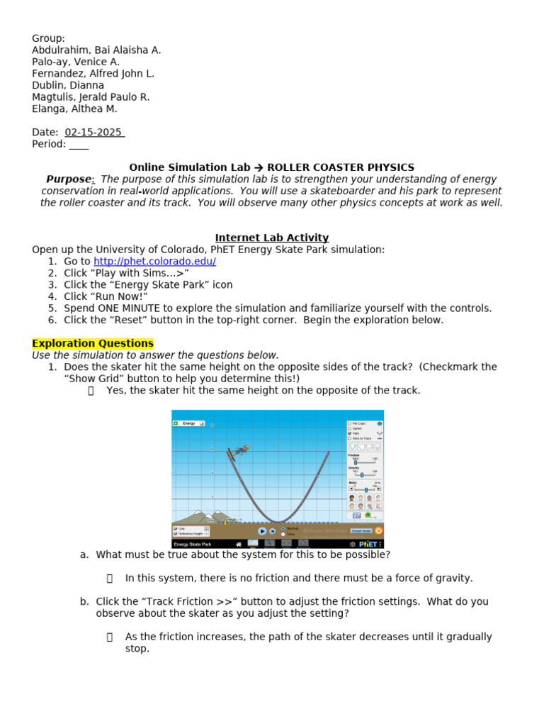 Roller Coaster Physics Simulation Lab | PDF | Force | Potential Energy