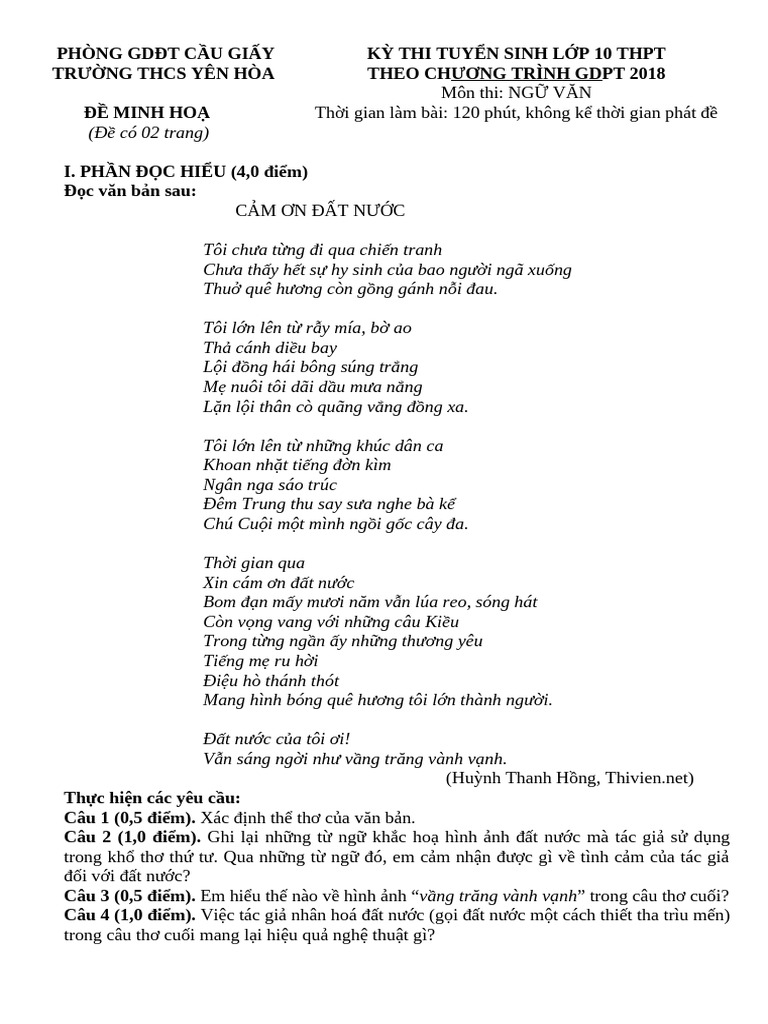 21. de Tham Khao Thi Vao 10 Cua TRUONG THCS YEN HOA de So 3 | PDF