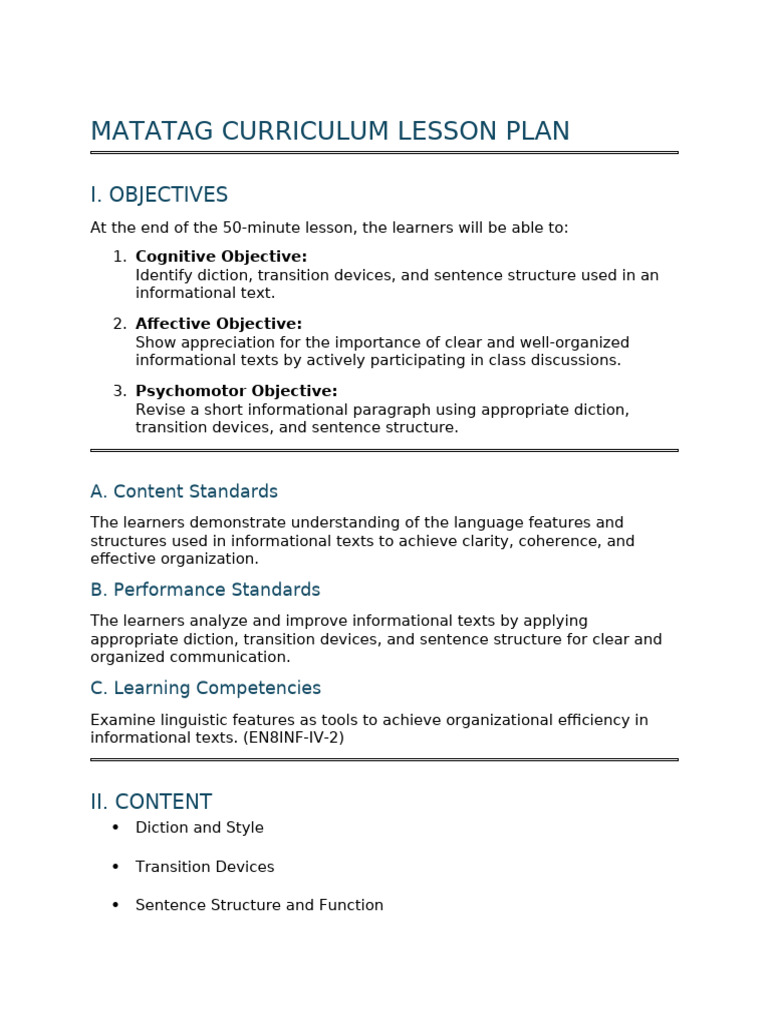 Matatag Grade 8 English Lesson Plan | PDF | Teachers | Learning