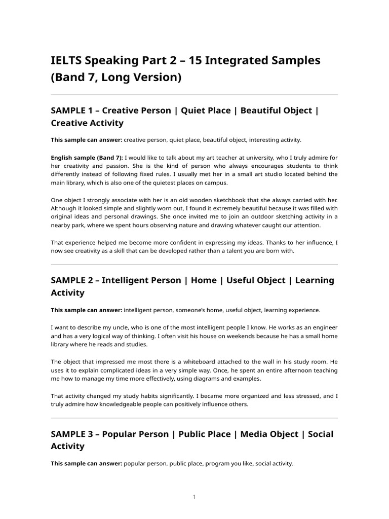 IELTS Speaking Part 2: 15 Sample Responses | PDF