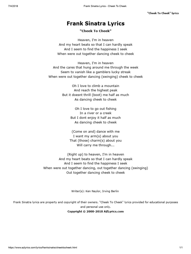 Frank Sinatra's "Cheek To Cheek" Lyrics | PDF