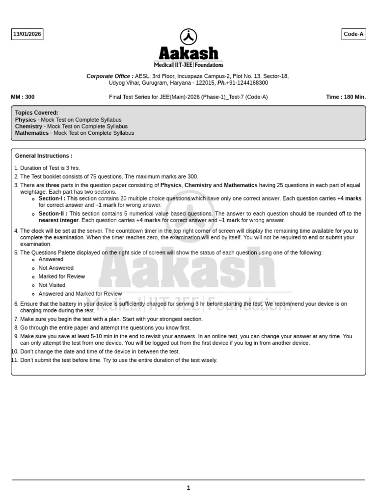FTS For JEE (Main) - 2026 Phase-1 Test-7 Code-A 13-01-2026 | PDF | Acid ...
