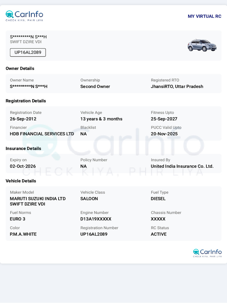 Swift Dzire VDI Owner & Vehicle Info | PDF