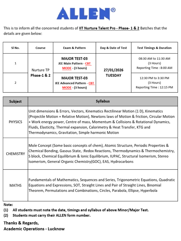 JEE Nurture TP Phase-1+2 Major Test-03 | PDF